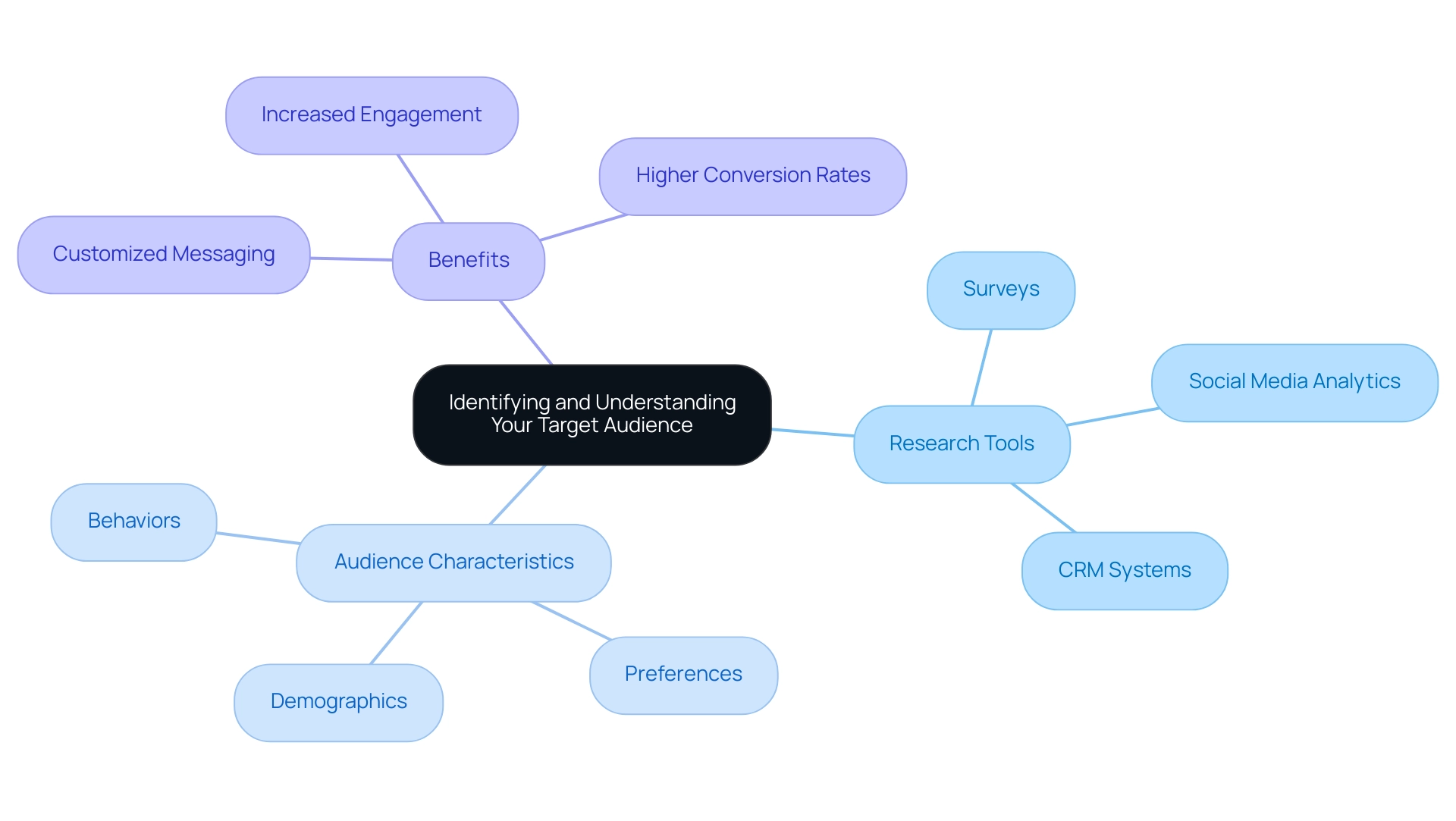 The central node represents the target audience identification, with branches indicating tools, characteristics, and benefits associated with understanding the audience.