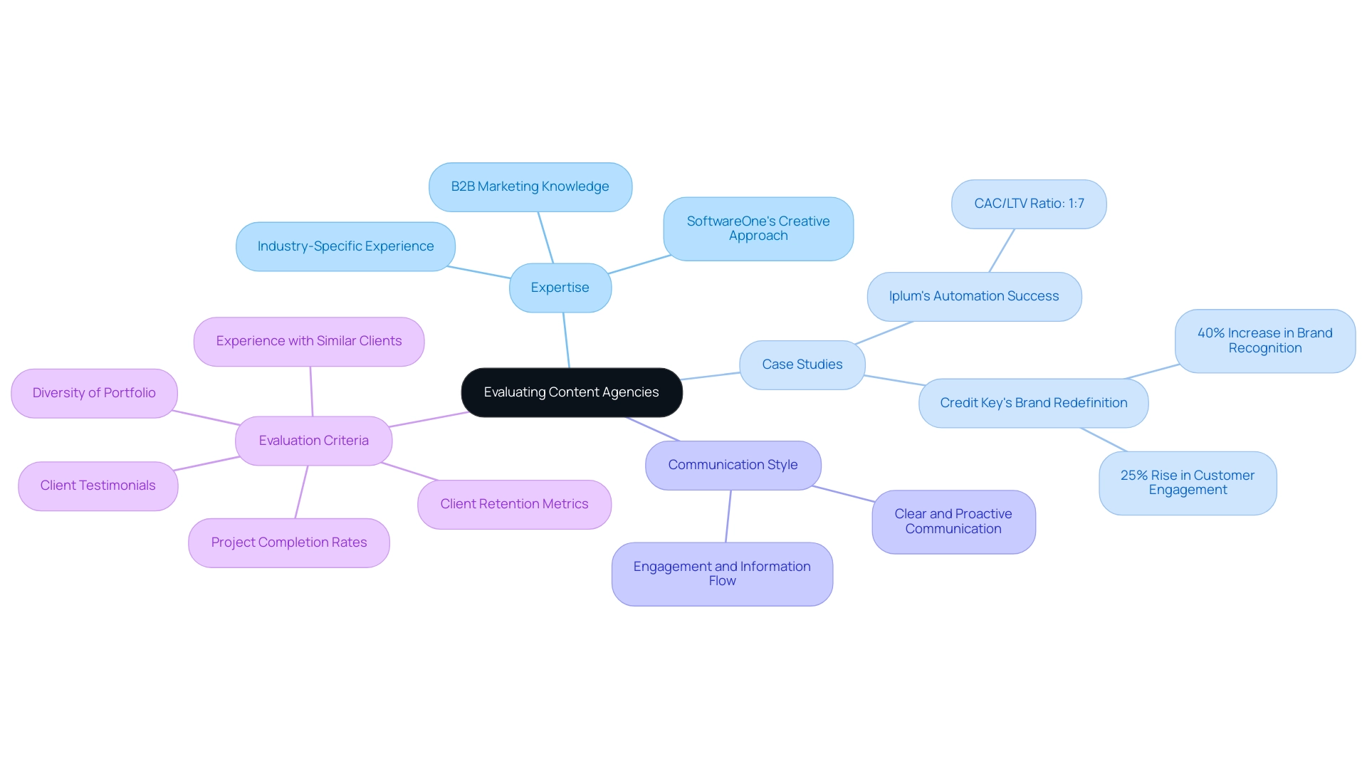 The central node represents the overall evaluation process, with branches showing key criteria and their respective details and examples.