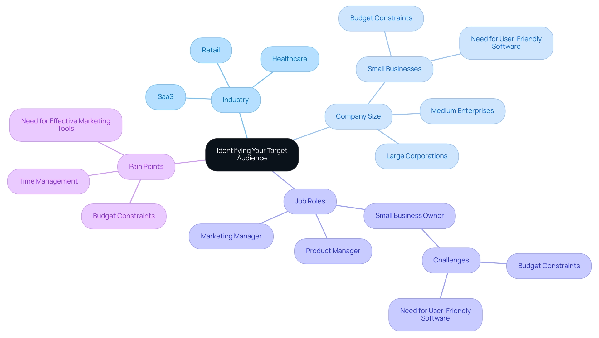 The central node represents the concept of identifying the target audience, with branches showing key factors like industry, company size, job roles, and pain points that contribute to developing buyer personas.